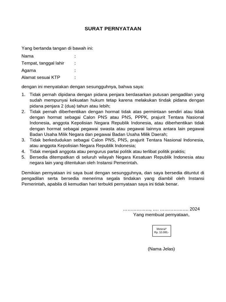 Format Surat Pernyataan PPPK 2024 | PDF
