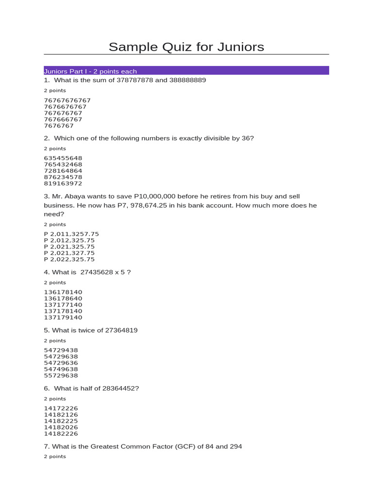 Sample Quiz For Juniors | PDF
