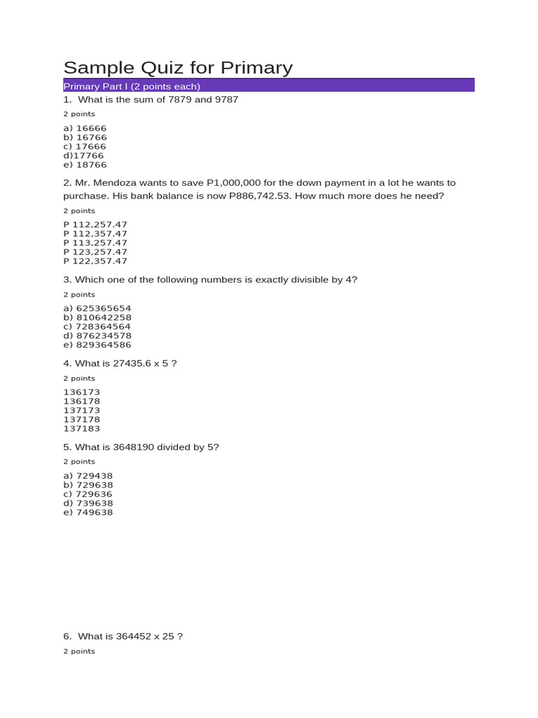 Sample Quiz For Primary | PDF