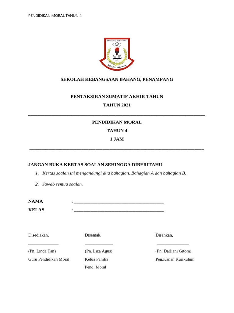 Pmoral (Ujian Sumatif 2021) | PDF