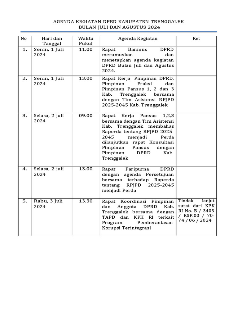 Jadwal DPRD Juli - Agst 24 Revisi Terkait Rapat DGN Ekskutif | PDF