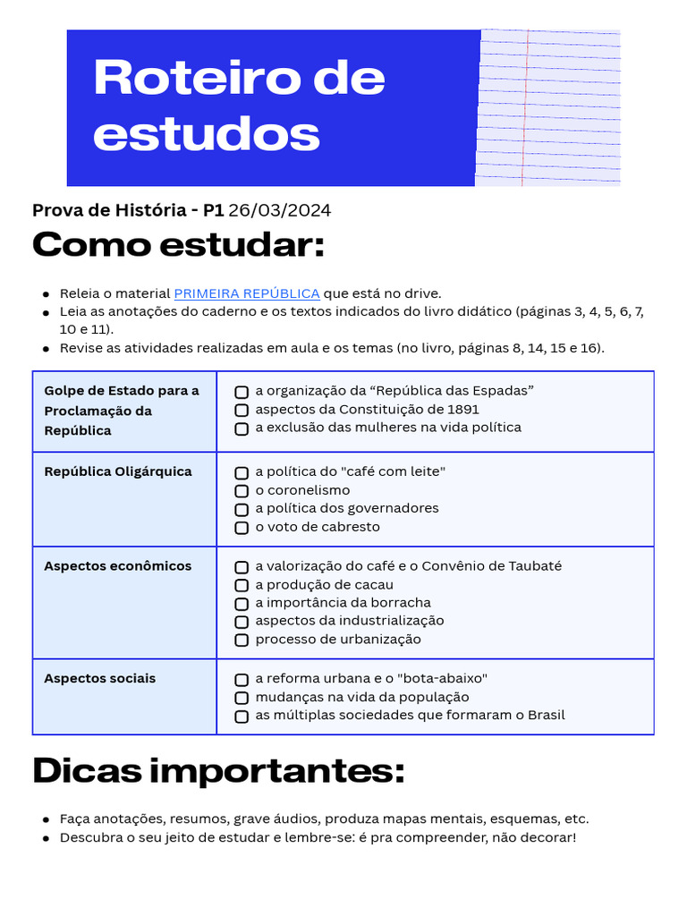 P1 Roteiro de Estudos | PDF