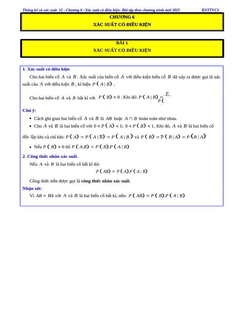 Cac Dang Bai Tap Xac Suat Co Dieu Kien Toan 12 Knttvcs | PDF