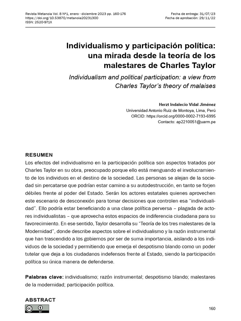 Individualismo y Participación Política: Una Mirada Desde La Teoría de Los Malestares de Charles ...