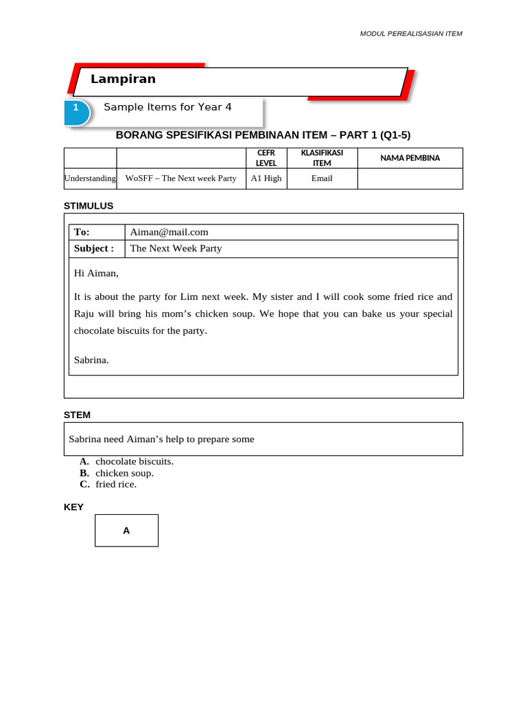 Lampiran - Item Contoh English Primary | PDF