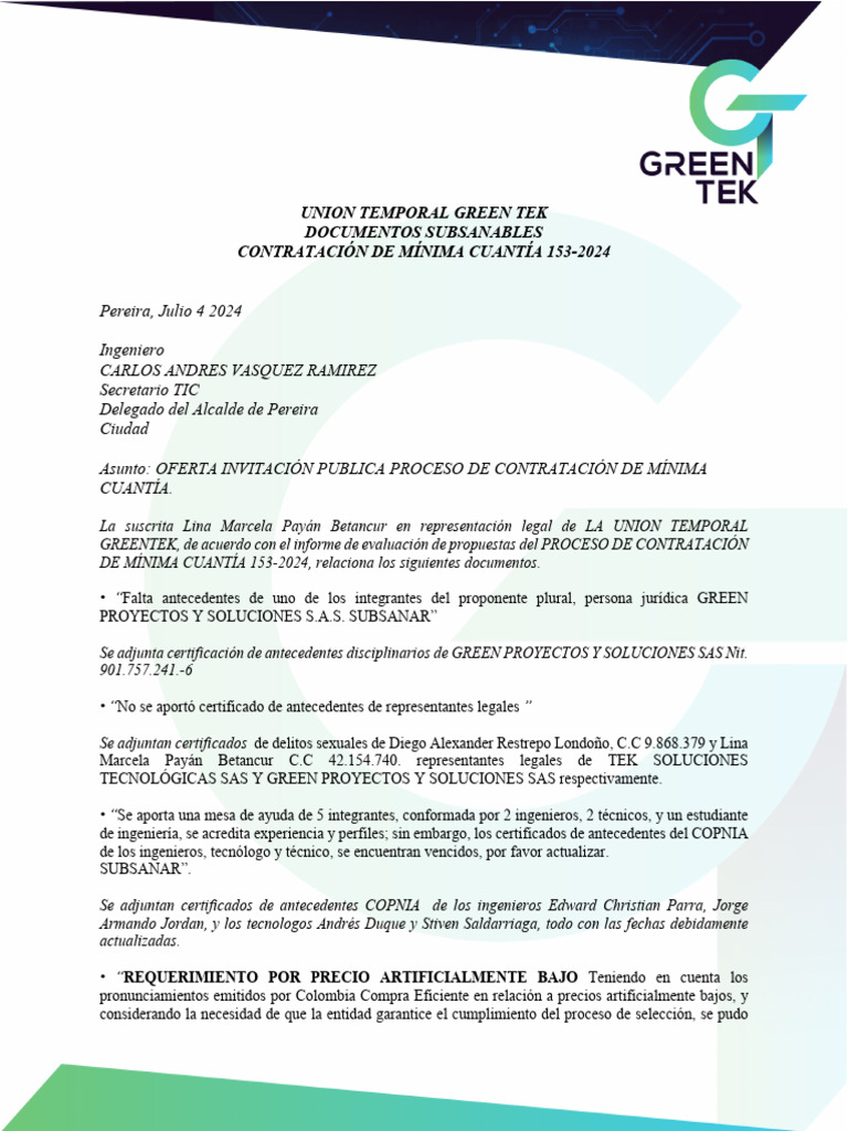 Union Temporal Green Tek - Subsanables | PDF