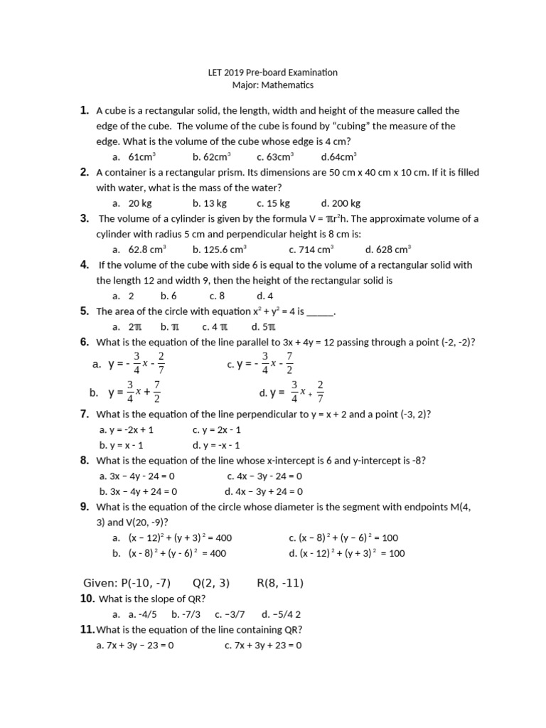 LET 2019 Math Pre-board Exam Questions | PDF | Volume | Ellipse