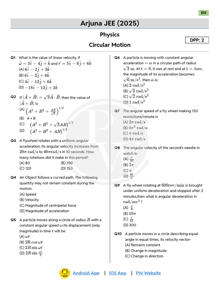 Circular Motion - DPP 02 - Arjuna JEE 2025 | PDF