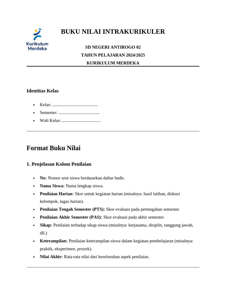 Buku Nilai Intrakurikuler Untuk Draf KSP | PDF