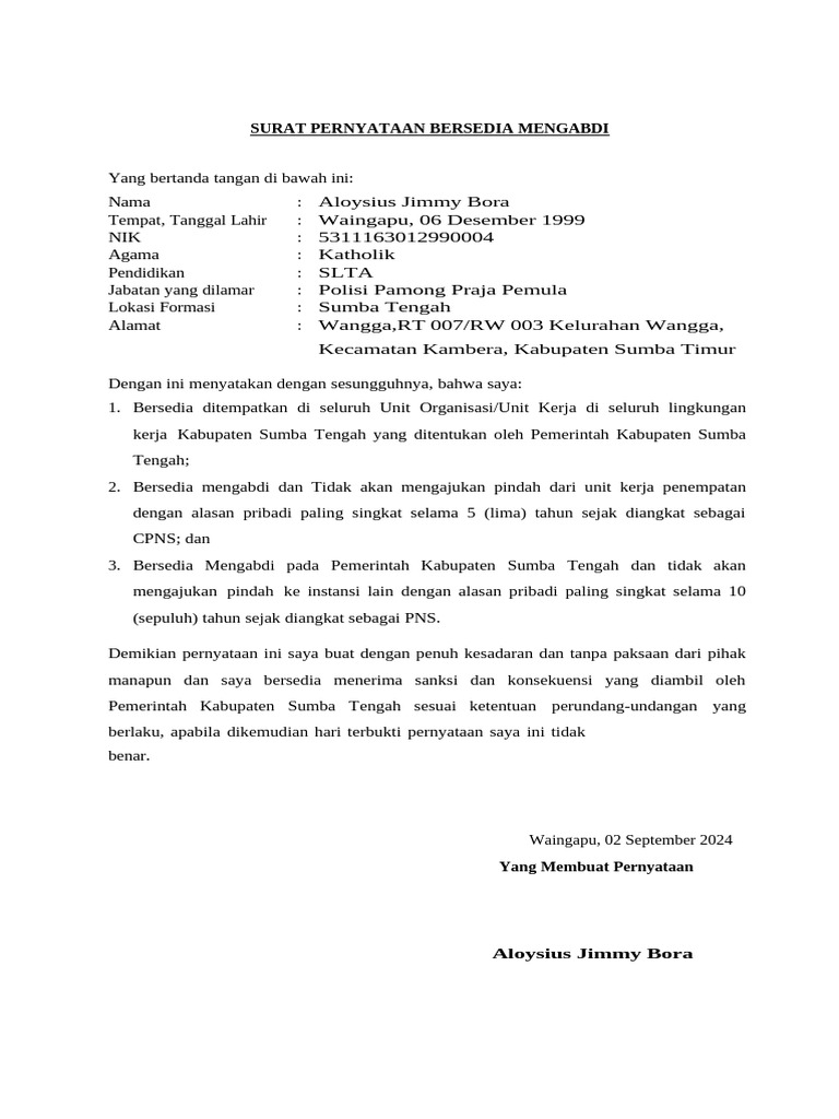 SURAT PERNYATAAN BERSEDIA MENGABDI - Aloysius | PDF