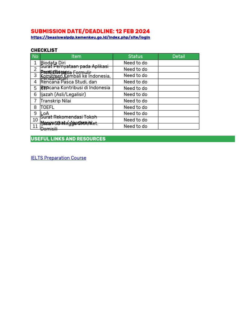 LPDP Preparation Progress Tamplate | PDF