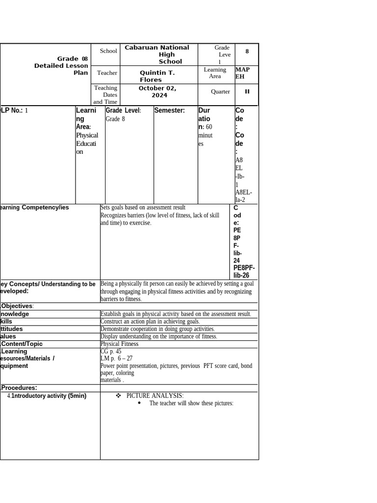 DLP MAPEH 8 PE Oct 02 '24 | PDF