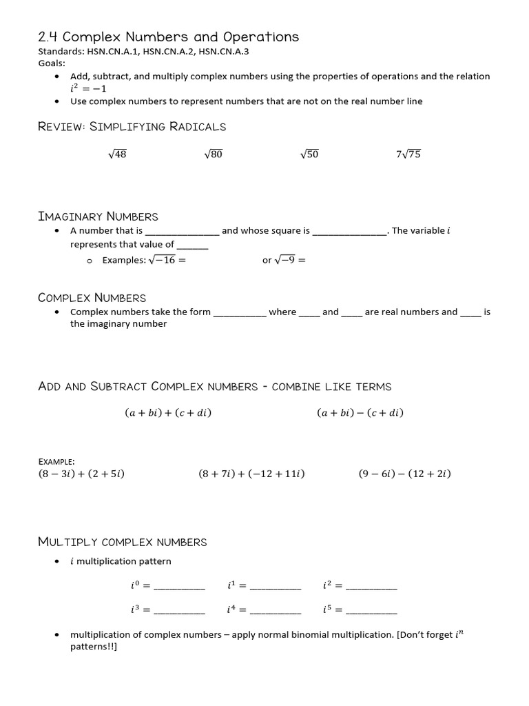 2.4 Complex Numbers and Operations: Eview Implifying Adicals | PDF
