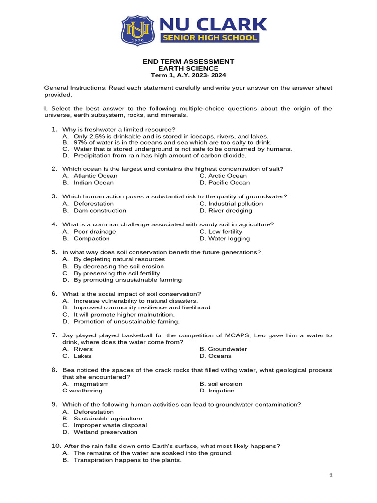 Am Endterm Assessment Earth Science 1 2 | PDF