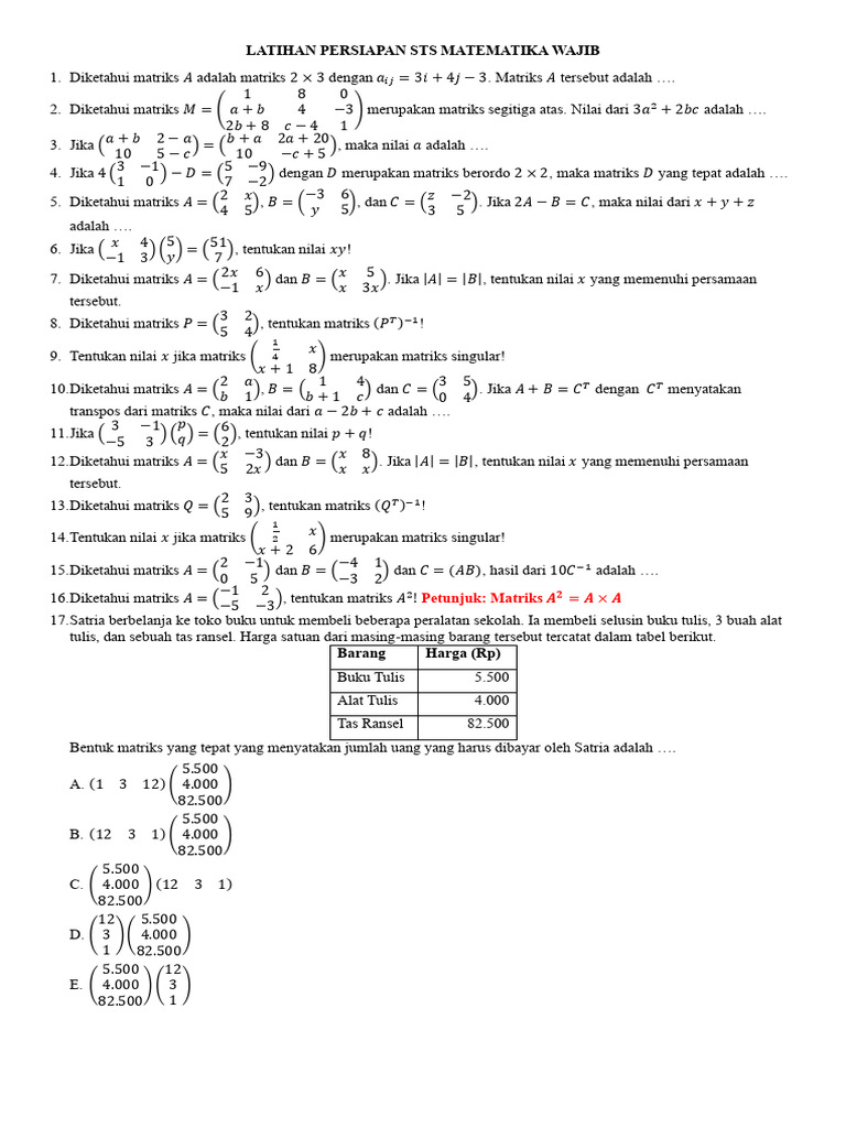 Latihan Persiapan STS Matematika Wajib | PDF
