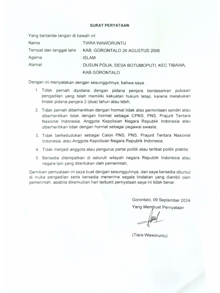 Surat Pernyataan Tiara | PDF