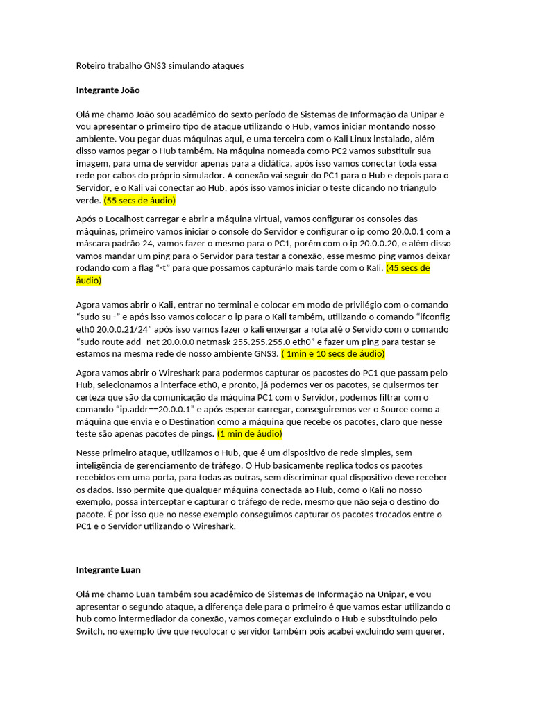Roteiro Trabalho GNS3 Simulando Ataques | PDF