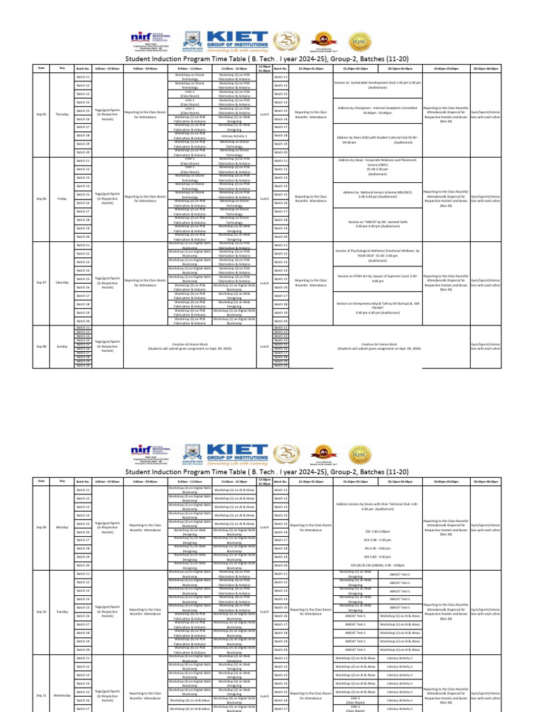 Master Time Table Induction Prog (Group 2) | PDF