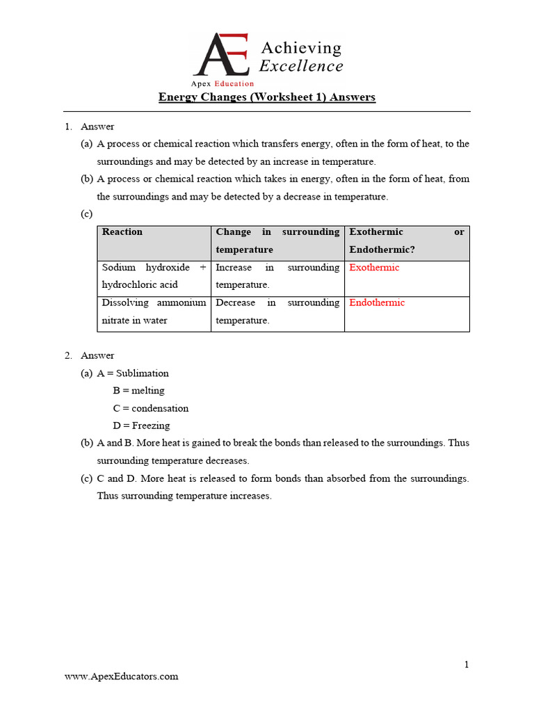 Topic 12 - Energy Changes Answers | PDF | Chemical Reactions | Teaching ...
