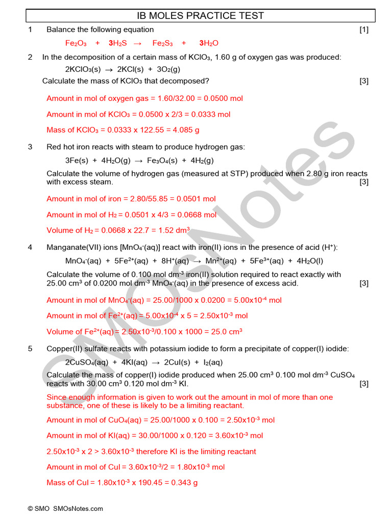 Moles Practice Test Answers | PDF