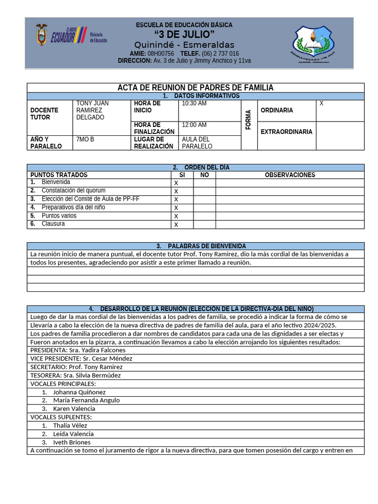 Acta de Reunion de Padres de Familia 2024 | PDF