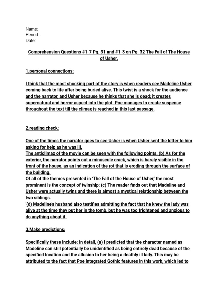 Diego Galvezpinto - Comprehension Questions #1-7 Pg. 31 and #1-3 On Pg. 32 The Fall of The House ...