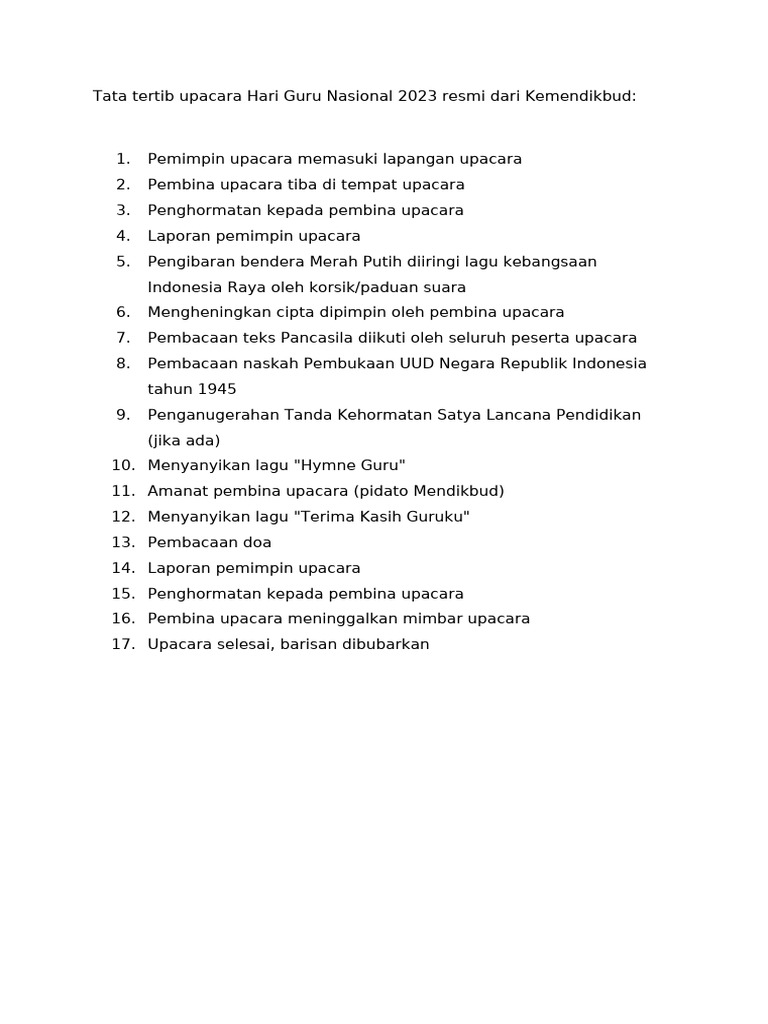 Tata Tertib Upacara Hari Guru Nasional 2023 Resmi Dari Kemendikbud | PDF