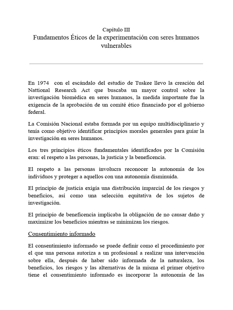 Capítulo III. Fundamentos Éticos de La Experimentación Con Seres Humanos Vulnerables. | PDF