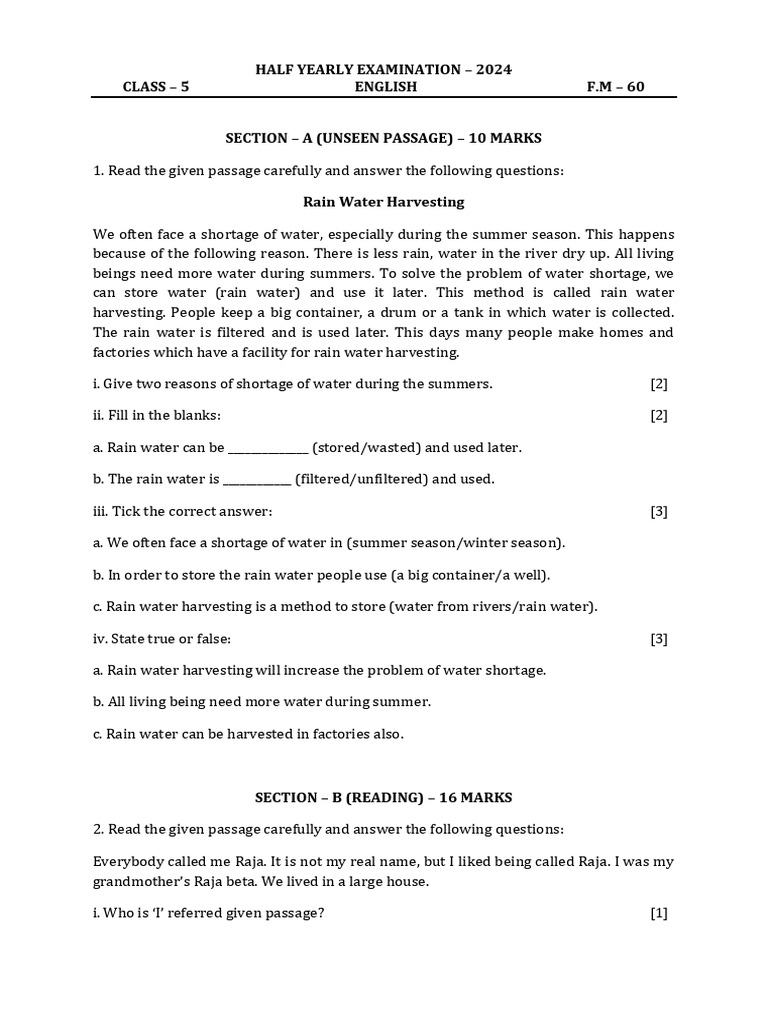 Half Yearly Examination Class 5 English | PDF