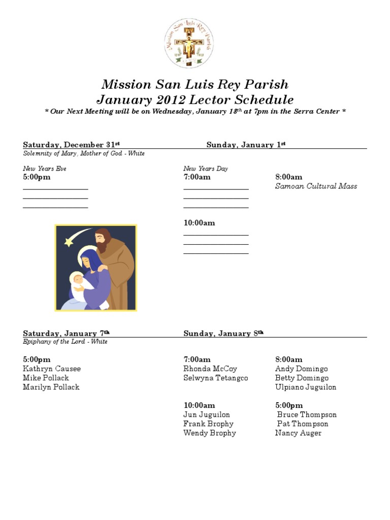 January 2012 Lector Schedule - Mission San Luis Rey | PDF | Religion ...
