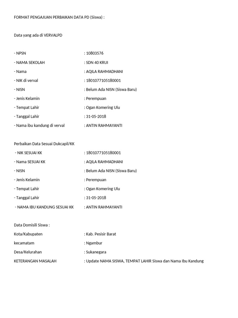 Format Pengajuan Perbaikan Data PD | PDF