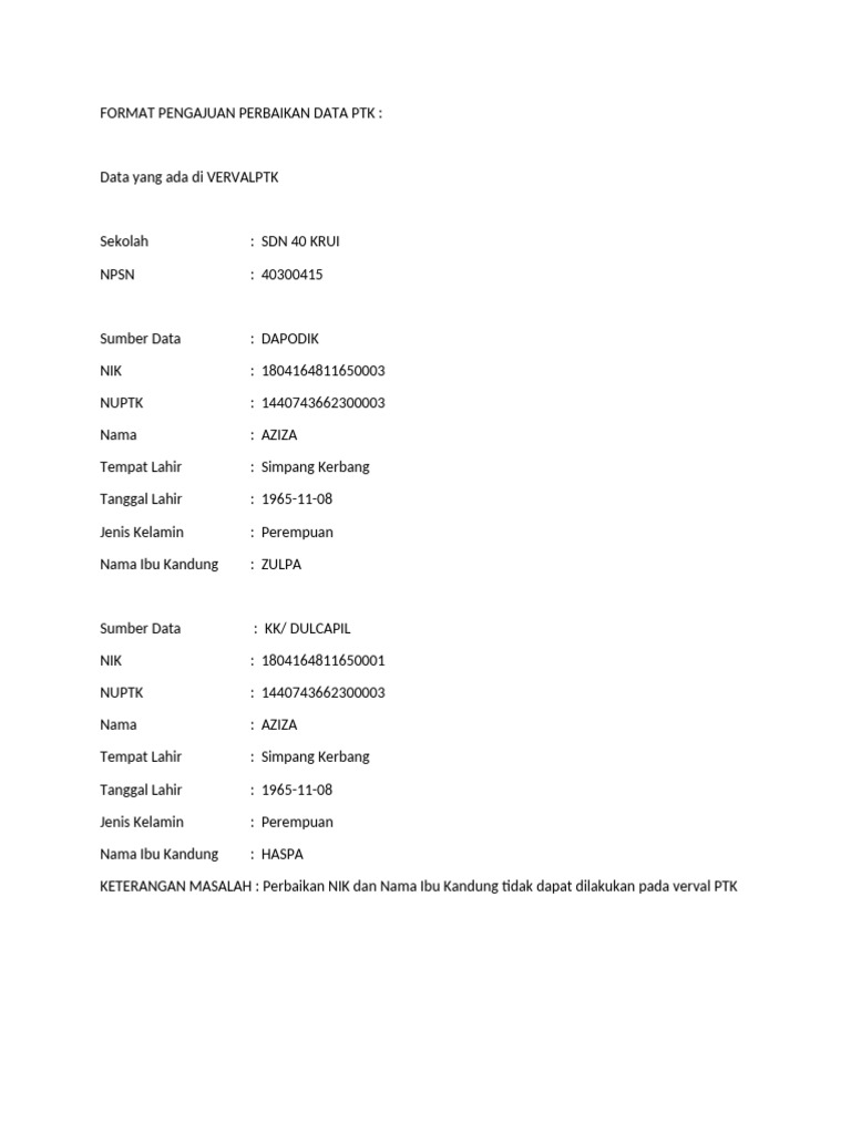 Format Pengajuan Perbaikan Data PTK | PDF