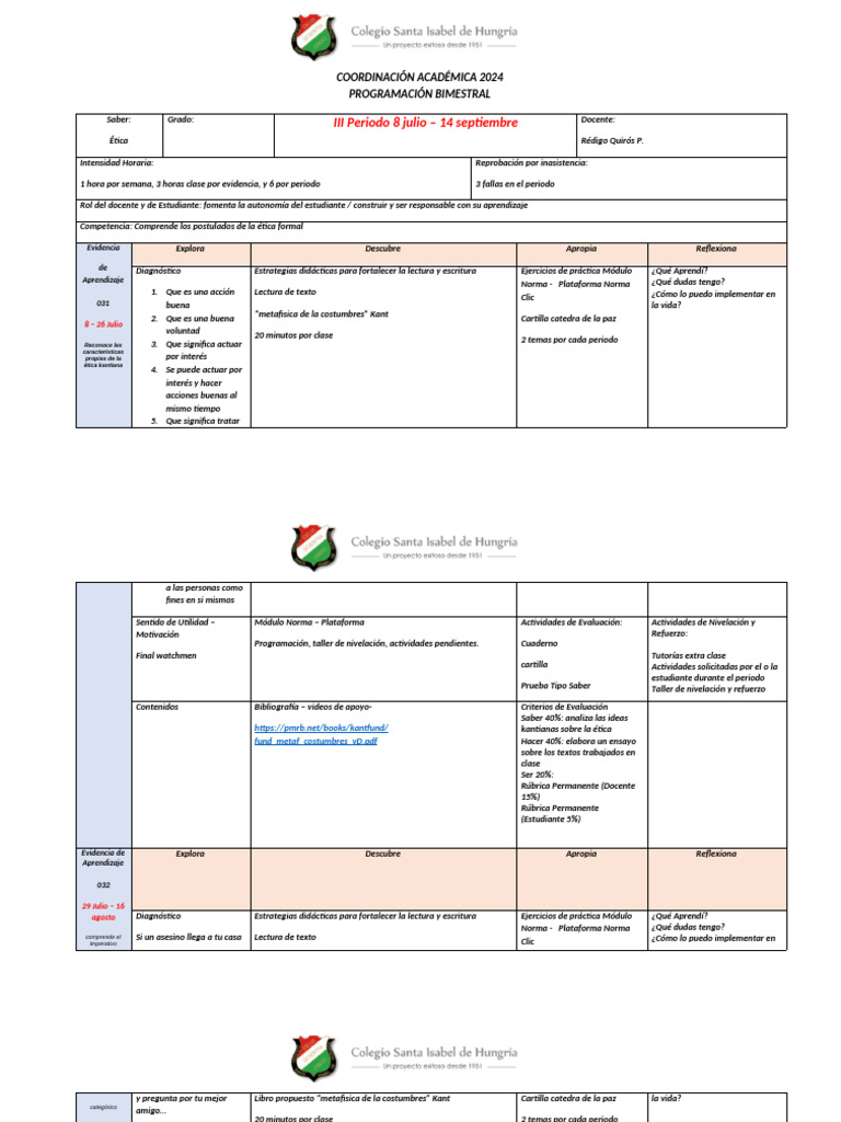 Programación Bimestral III Periodo UNDECIMO ÉTICA | PDF