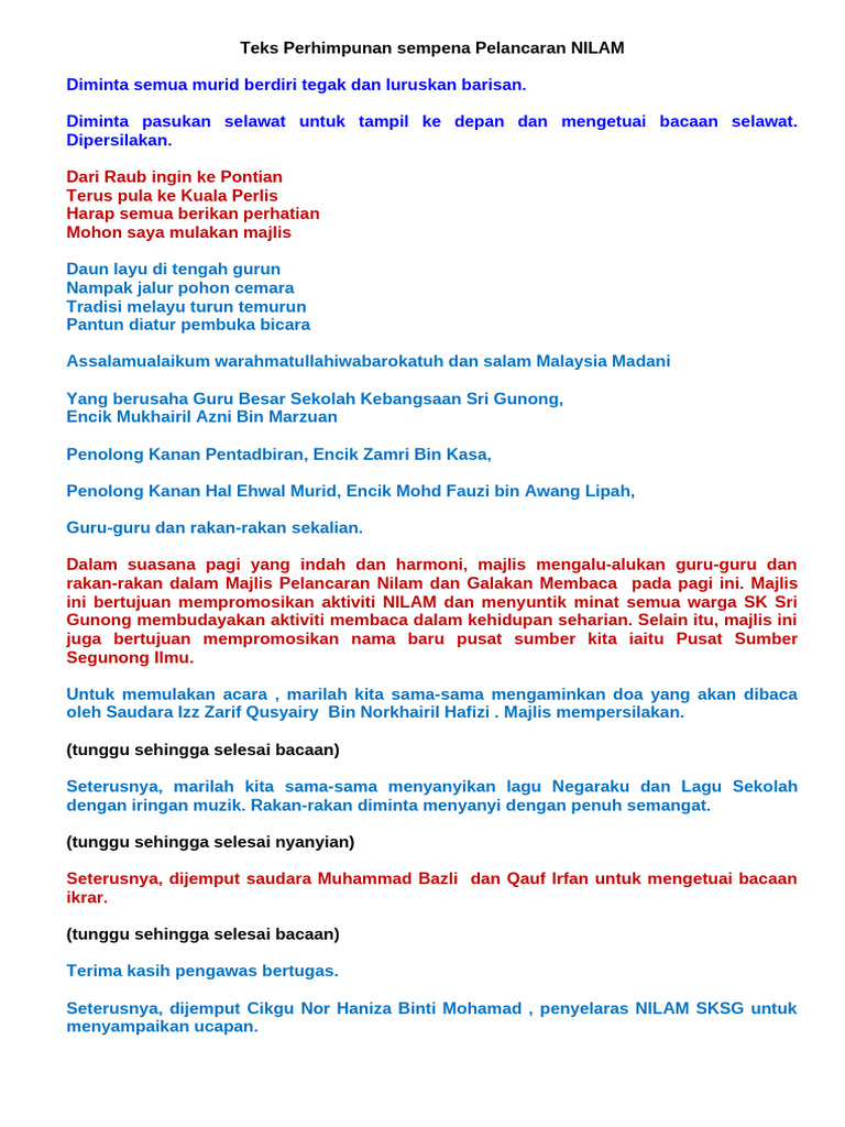 Teks Perhimpunan Sempena Pelancaran NILAM | PDF