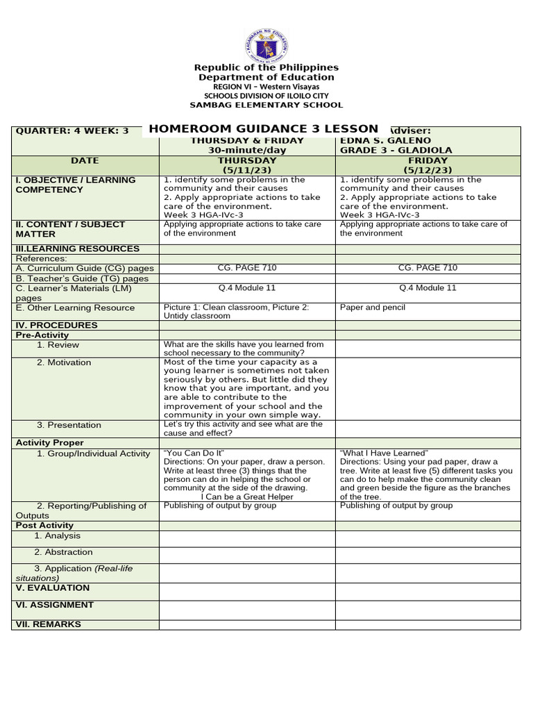 Grade 3 Homeroom Guidance Lesson Plan | PDF | Learning | Cognition