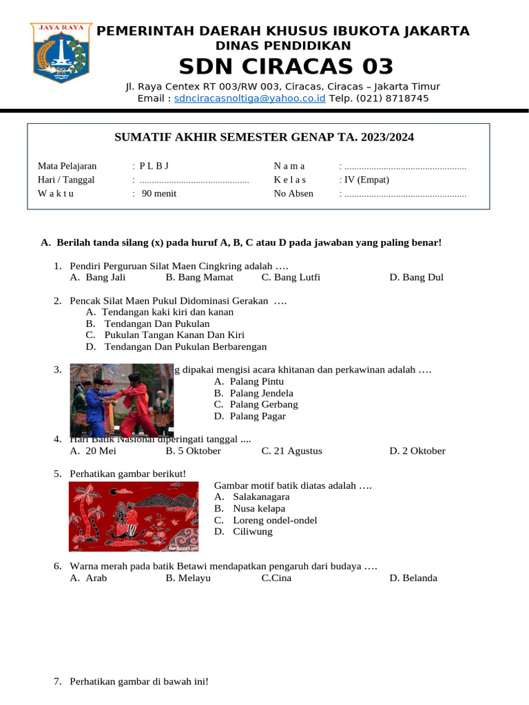 Soal PSS PLBJ Kelas 4 Semester 2 - 2023-2024 | PDF