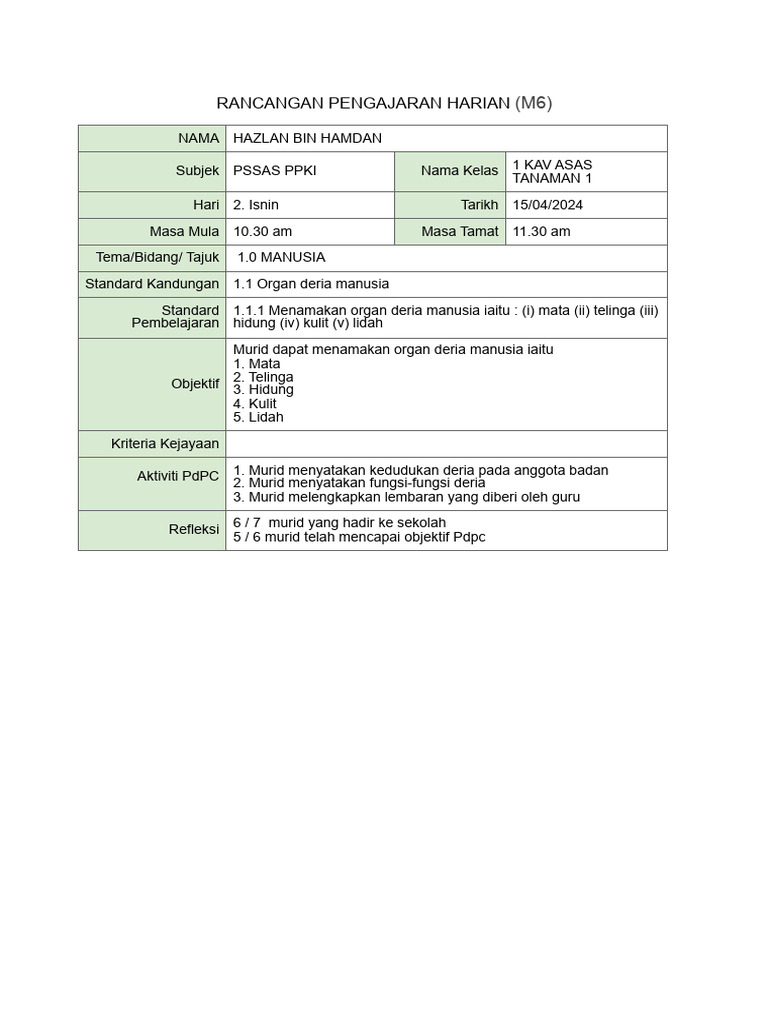 M6 - KENDIRI - Erph - HAZLAN BIN HAMDAN - 2024 - 2. Isnin-PSSAS PPKI | PDF