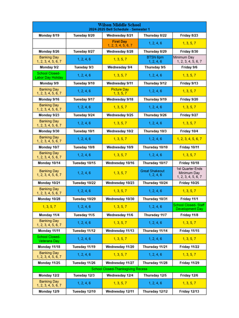 2425 Wilson Student Bell Schedule - Semester 1 2 | PDF
