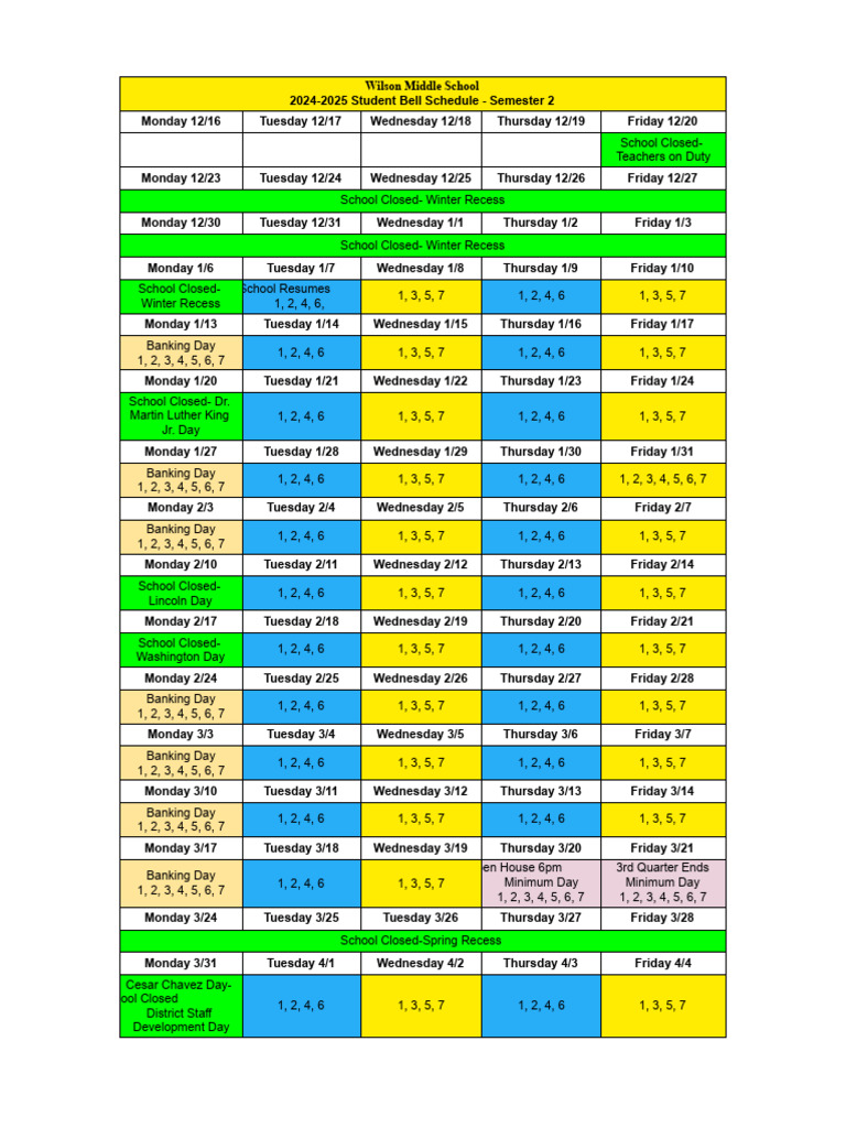 2425 Wilson Student Bell Schedule - Semester 2 2 | PDF
