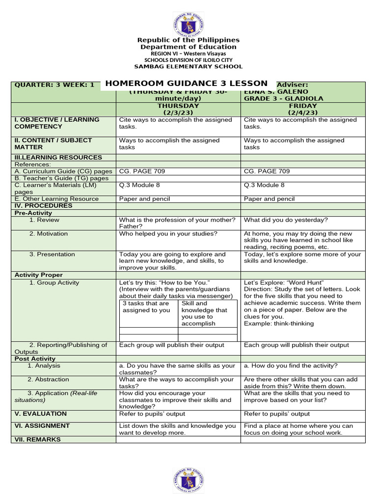 Q.3 Homeroom Guidance 3 W.1 & 2 Mod.8 - LP | PDF | Learning | Behavior Modification