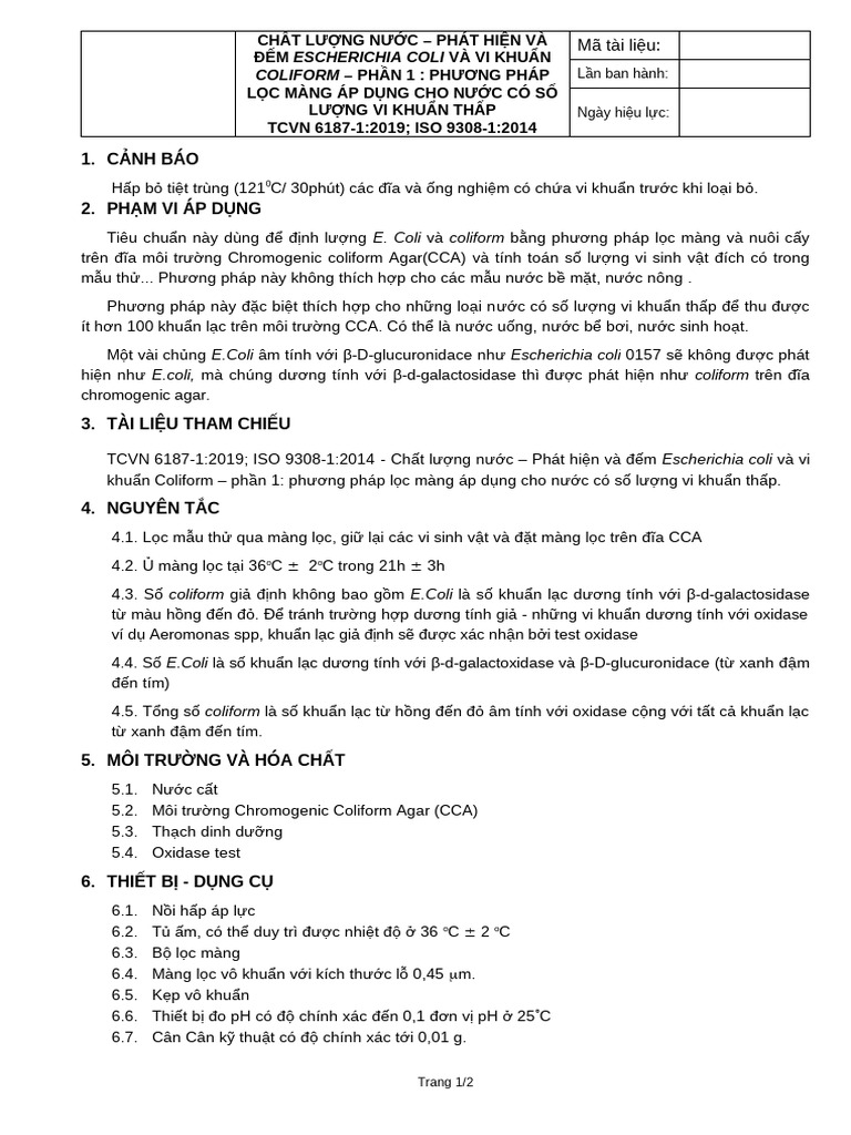 Chat Luong Nuoc Dem Vi Khuan E.coli Và Coliform - Phan 1 Phuong Phap Mang Loc | PDF