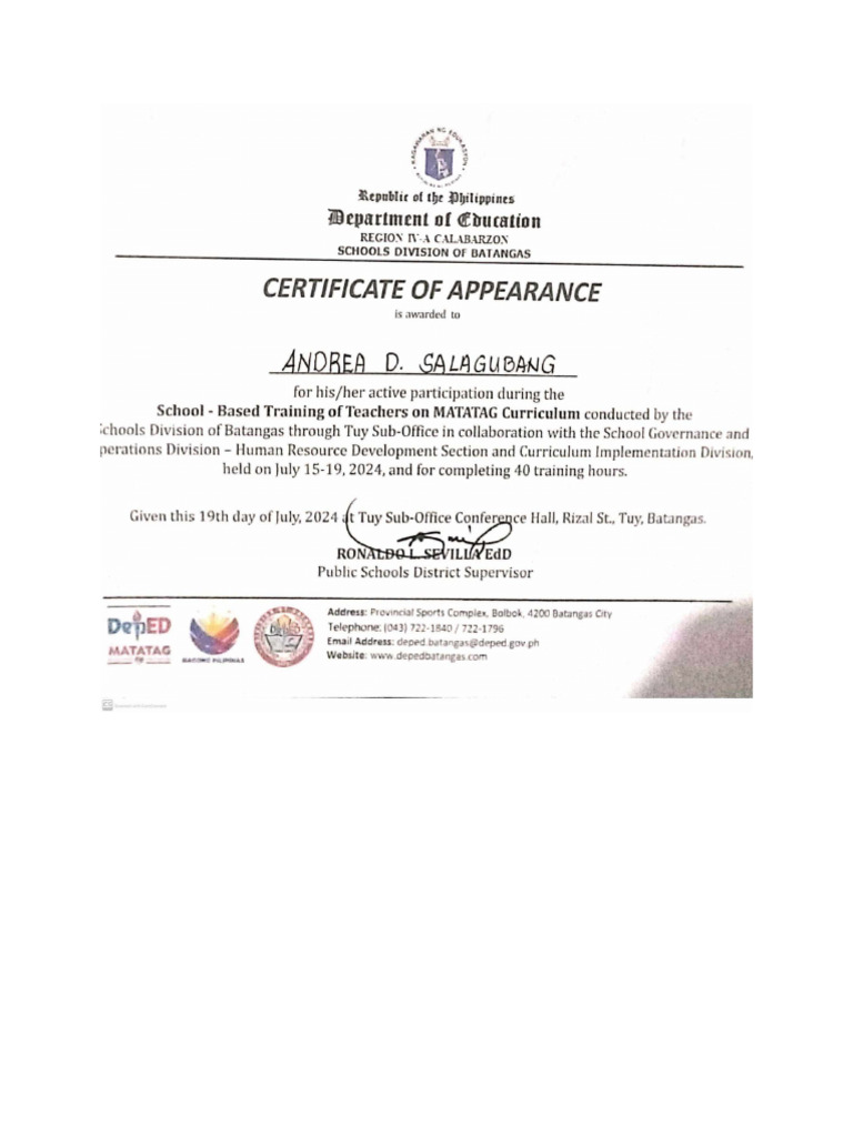 Matatag Cert of Appearance | PDF