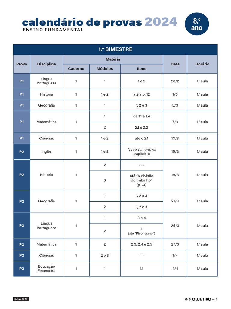 Calendario Provas 8ano 2024 | PDF