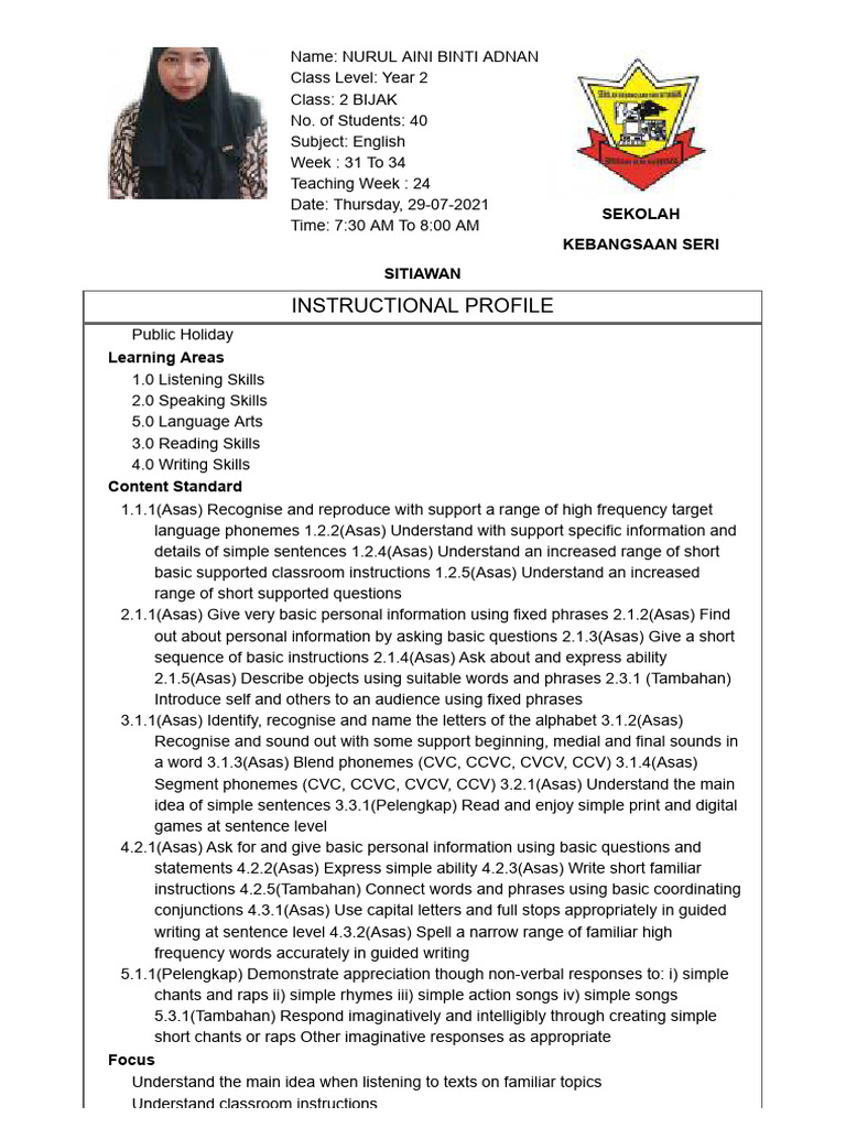 ASIE Model - NURUL AINI BINTI ADNAN - 2 BIJAK-English - Week 31 To 34 | PDF