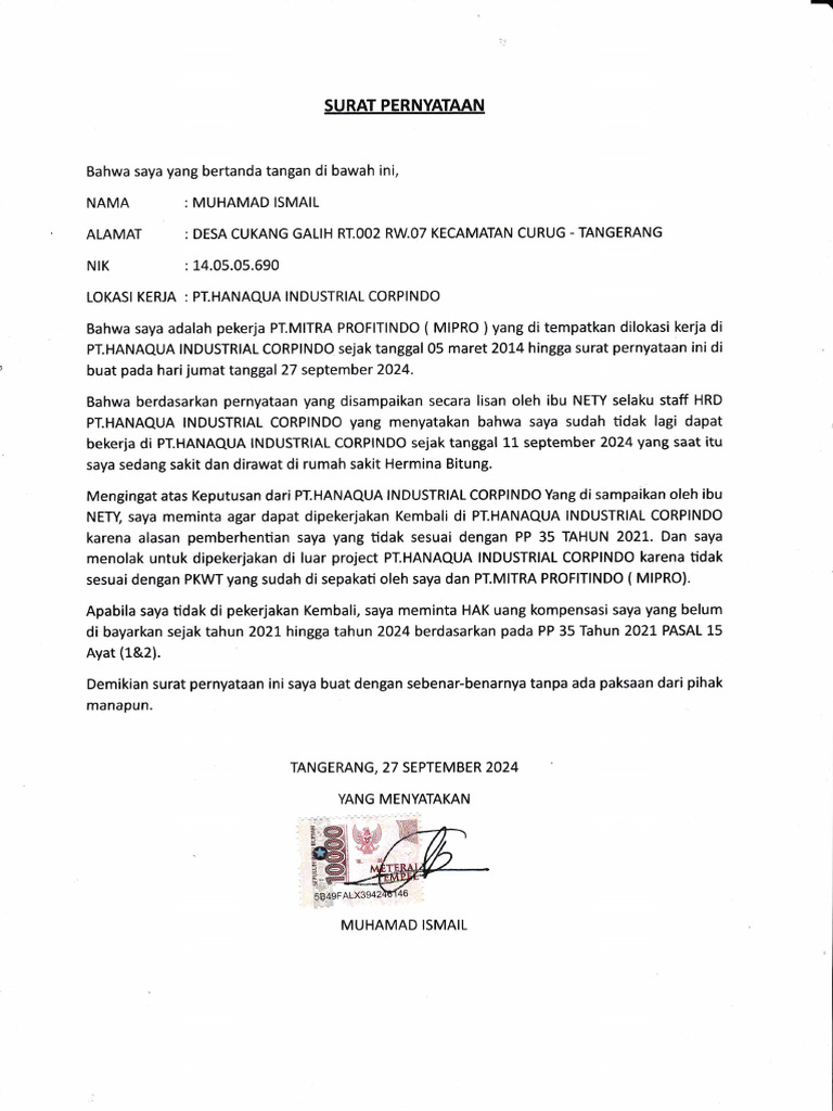 Surat Pernyataan Muhamad Ismail | PDF