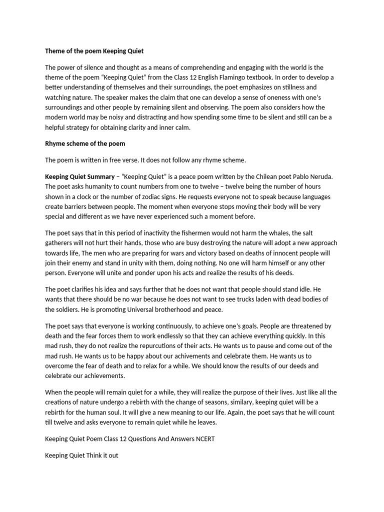 Notes of The Poem Keeping Quiet | PDF