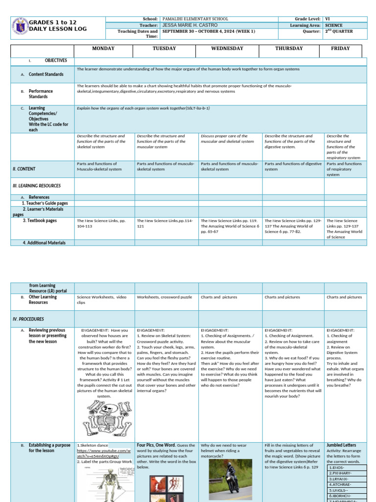 DLL - Science 6 - Q2 - W1 | PDF