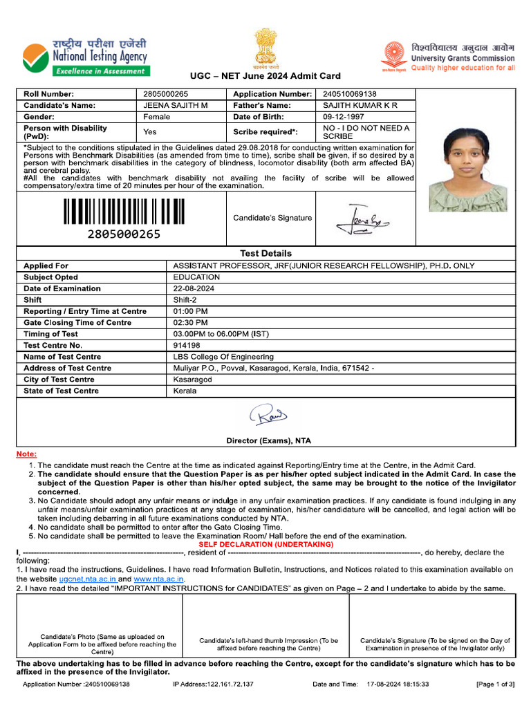 Sample Admit Card - UGC NET | PDF