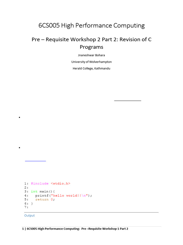 6CS005 Pre - Requiste Workshop 2 Part 2 | PDF | Pointer (Computer Programming) | Teaching ...