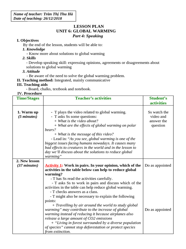 Lesson Plan - Unit 6 - Speaking | PDF